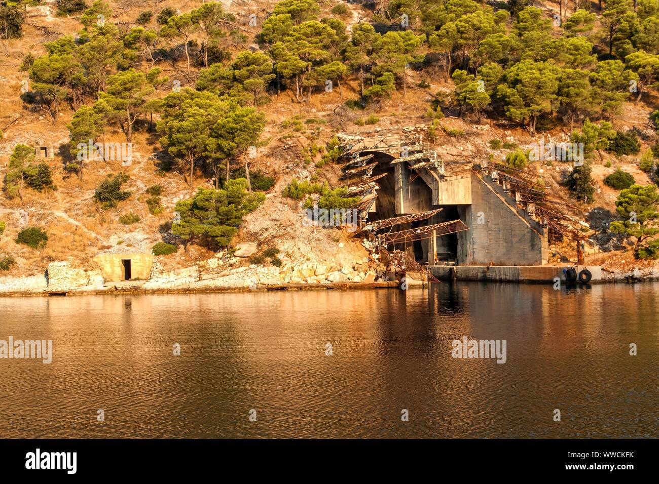 Submarine and ship bunker on Brac island, Croatia. Concrete bunker ...