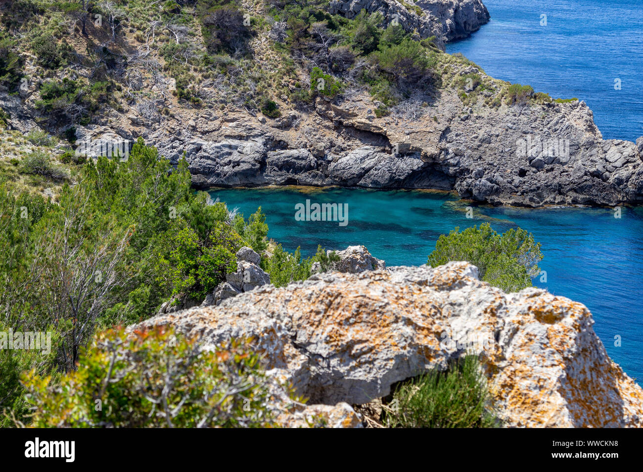 Bay Ses Caletes on the peninsula La Victoria, Mallorca with rocky ...