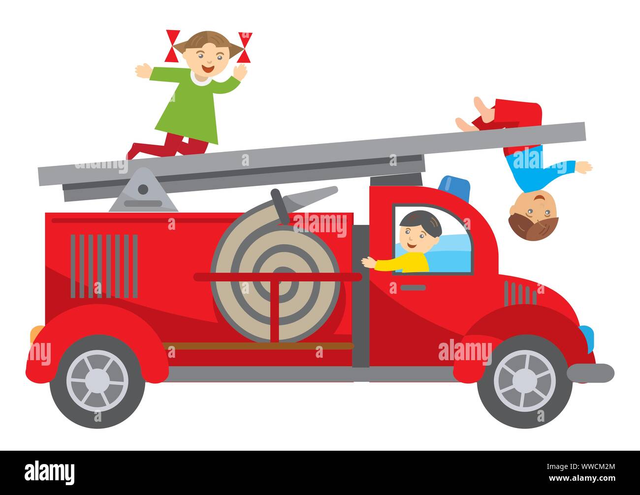 Red Fire truck and three playing children. Isolated on white background ...