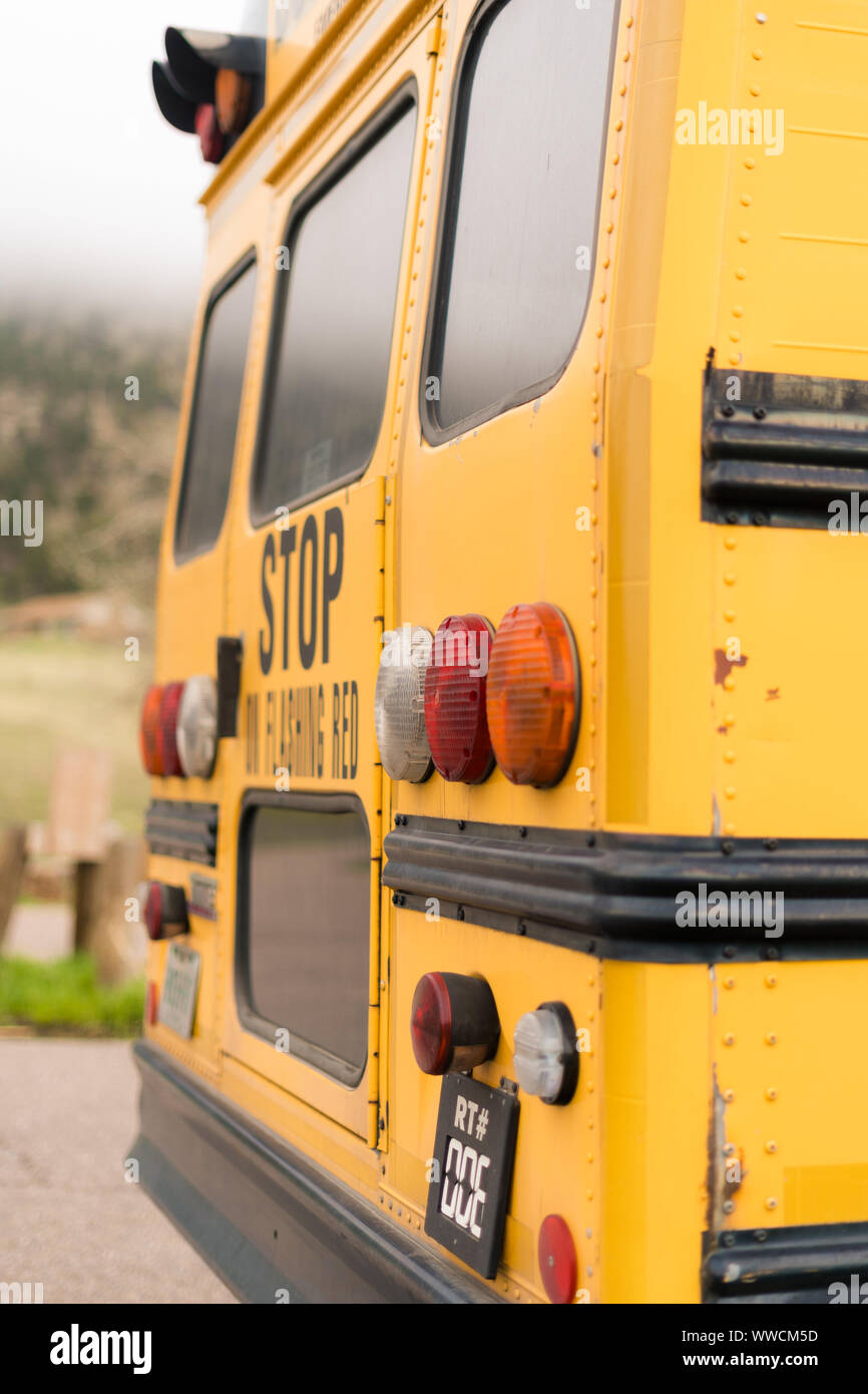 Close ups of yellow school bus on field trip Stock Photo - Alamy