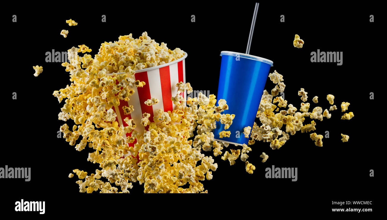 Set of paper striped bucket with popcorn and cup of soft drink isolated ...