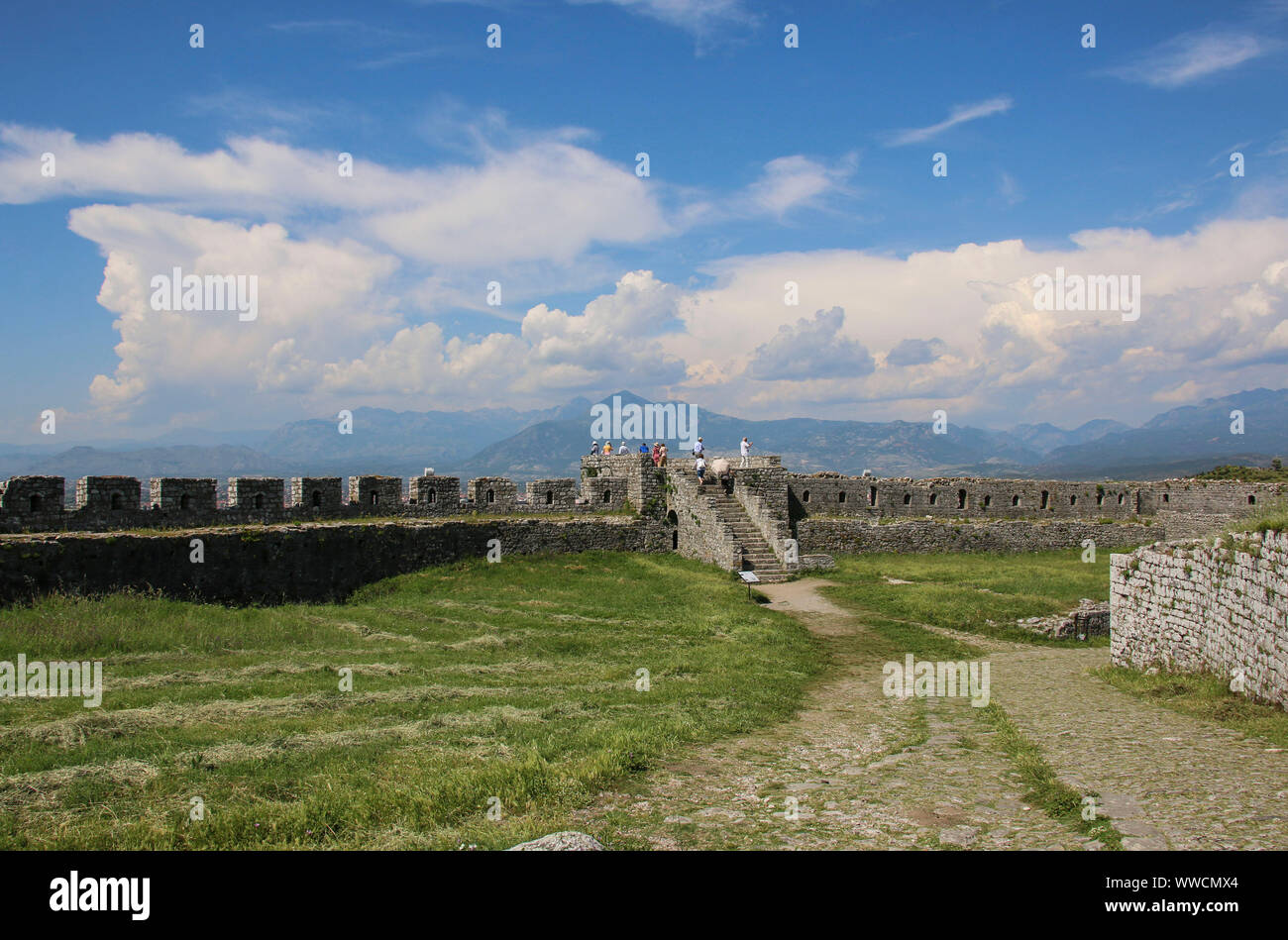 Tourists take pictures of beautiful landscapes on ruins Rozafa Castle ...