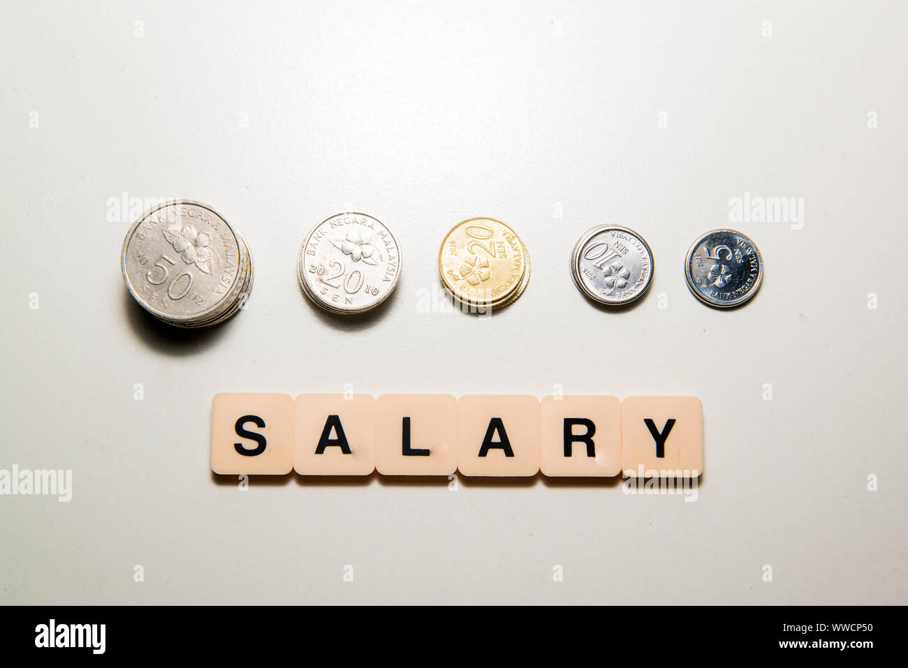 Salary sign background with coins Stock Photo - Alamy