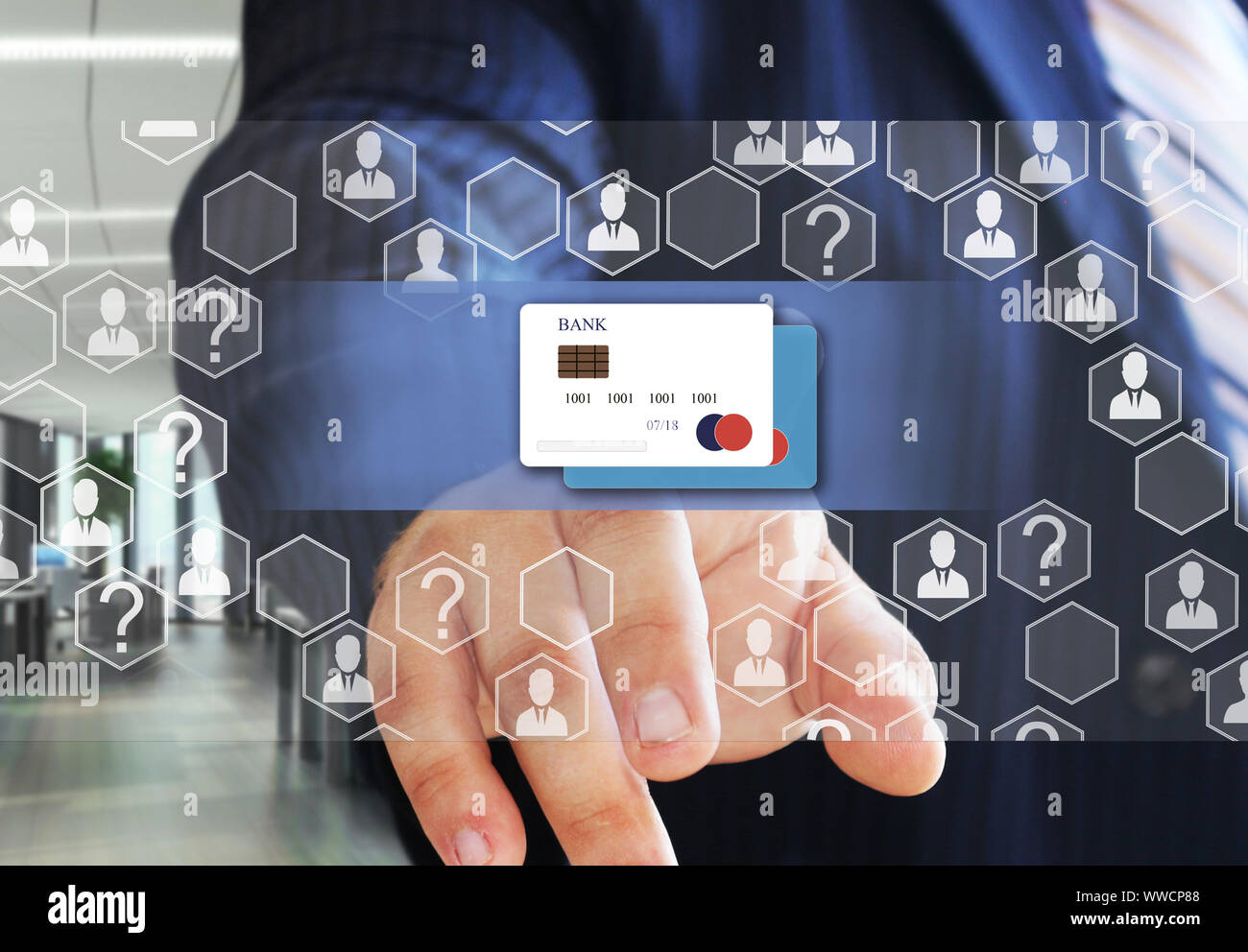 The businessman chooses credit card button on the touch screen with a ...