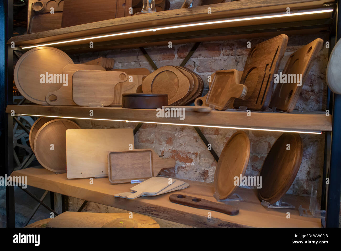 Shop producing wooden materials. Wooden products are on the shelf Stock ...