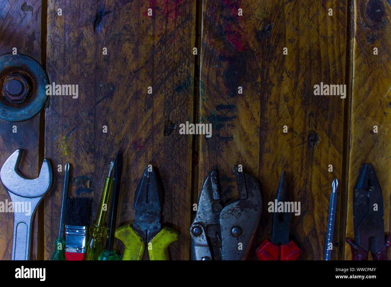 Rusty tools and Mechanic tools for repair on the wood texture ...