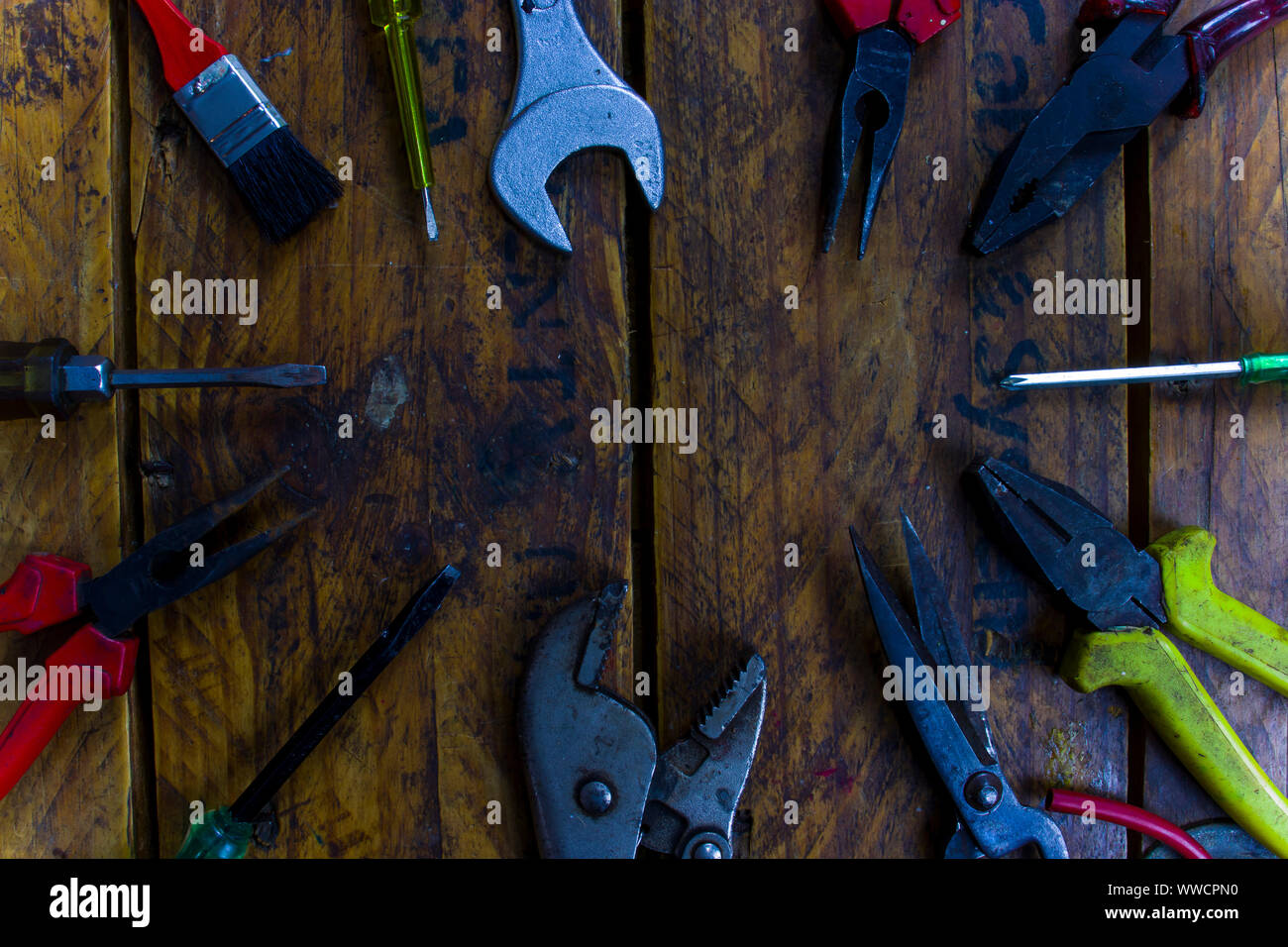 Rusty tools and Mechanic tools for repair on the wood texture ...