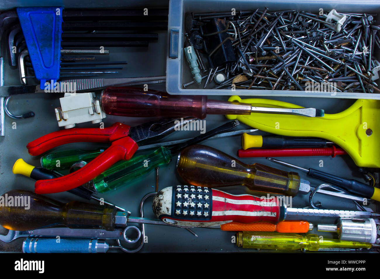 Closeup tools various in opened toolbox. View from above. High ...
