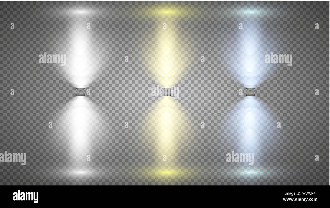 Set of colored searchlights on a transparent background. Bright ...