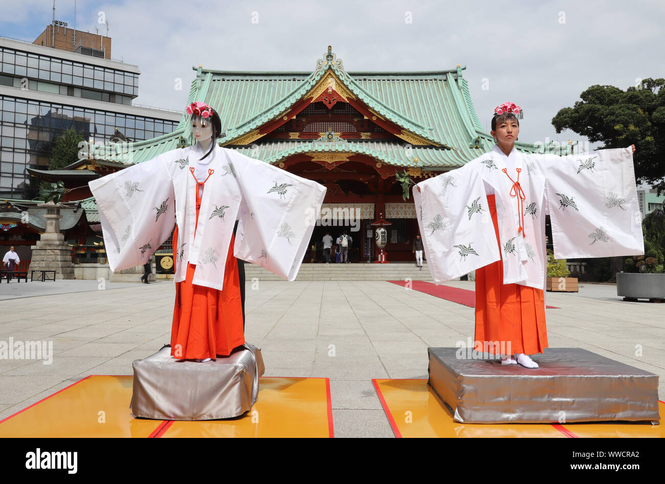 Tokyo, Japan. 14th Sep, 2019. A humanoid robot Cocona Kosaka (L) and ...