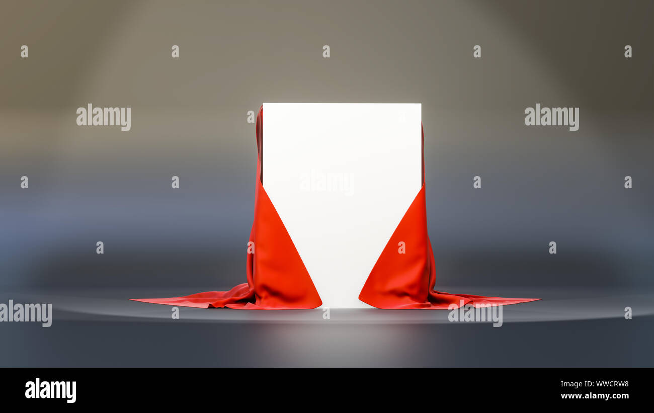Box covered with red cloth. 3D rendering studio. Dark background Stock ...