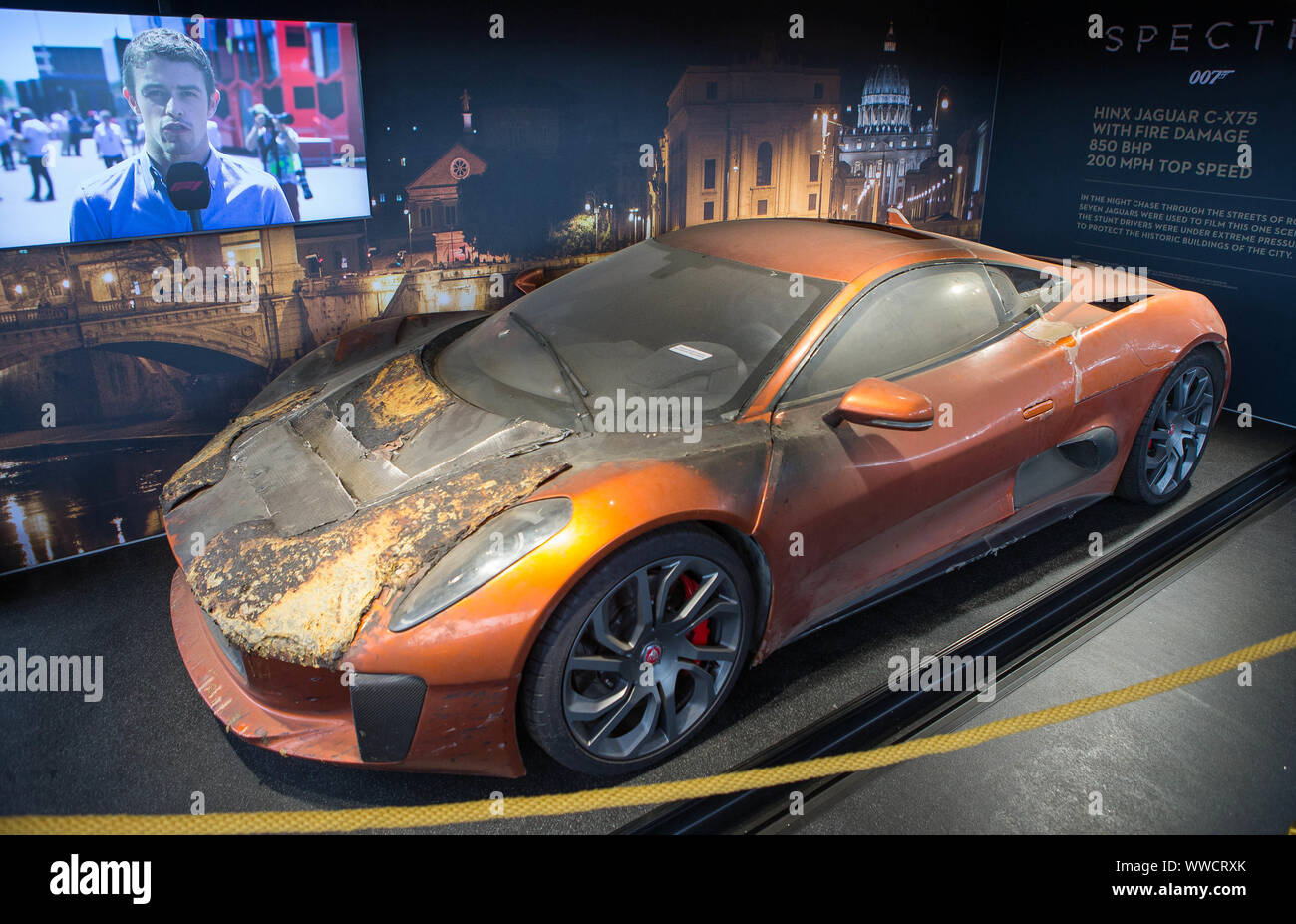 The Hinx Jaguar C-X75 with fire damage from the filming of Spectre on ...