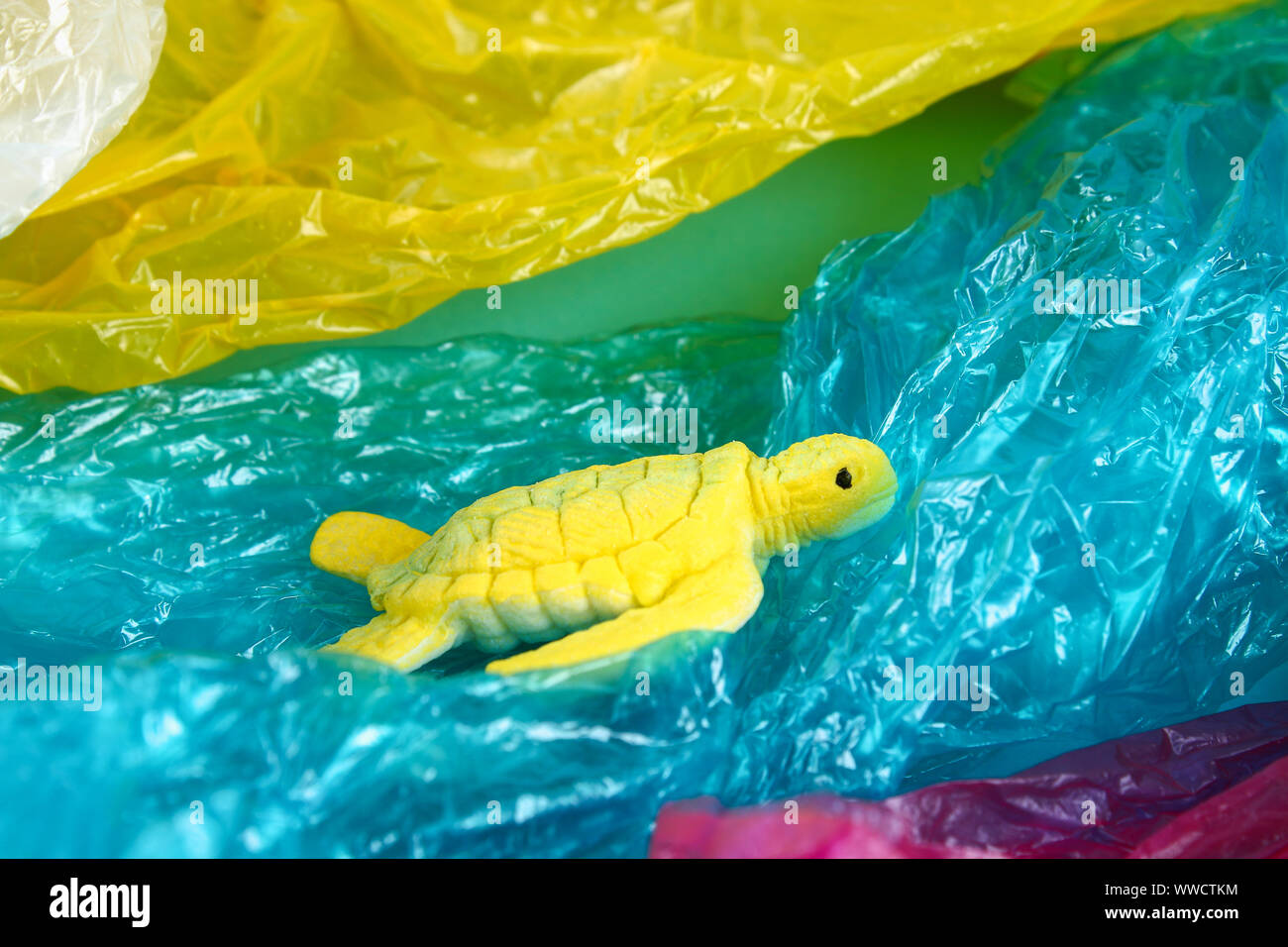 Plastic pollution in ocean environmental problem. Sea Turtle eat ...