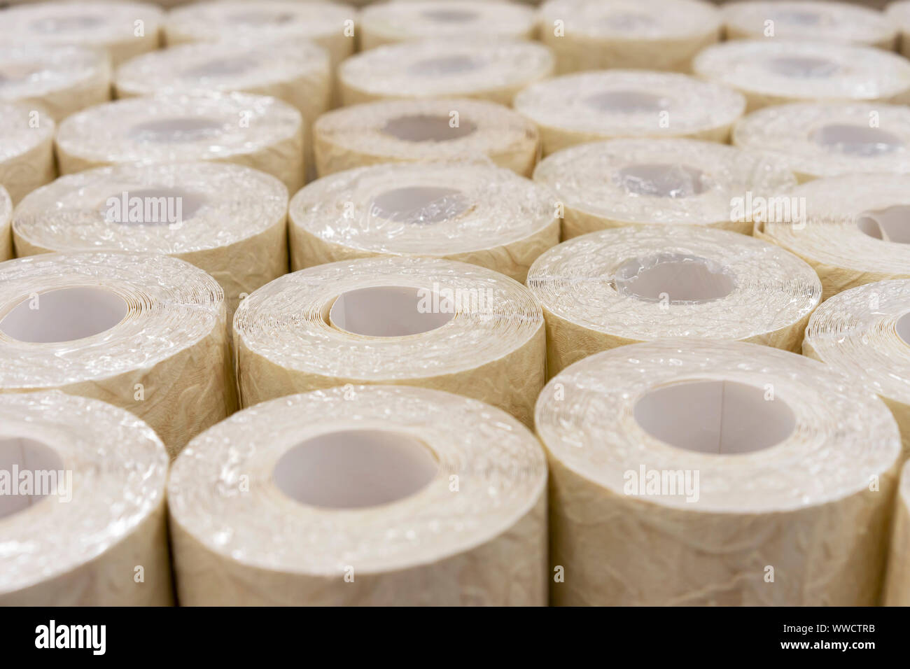 Rolls of wallpaper with a picture on the counter of the store Stock ...