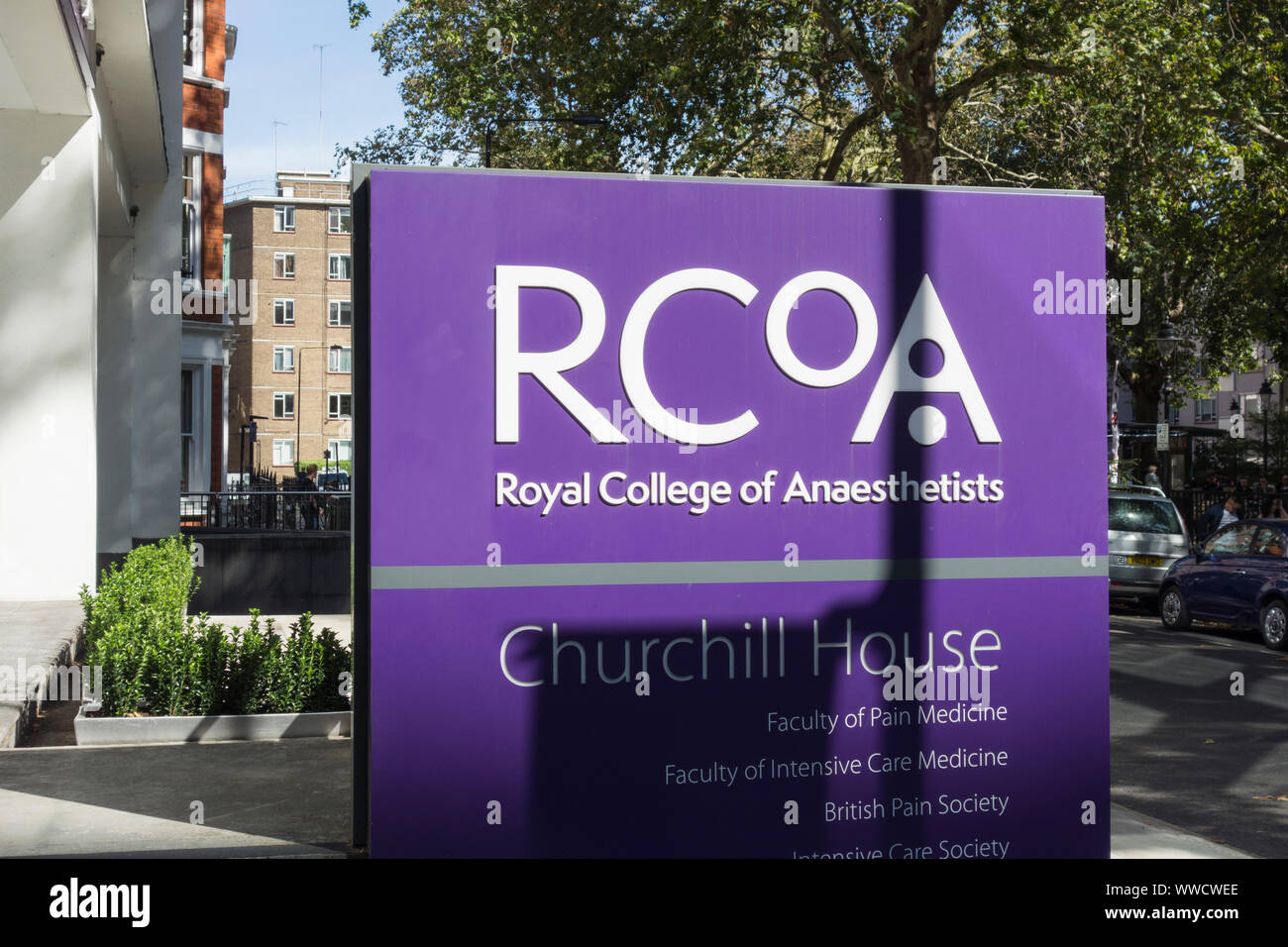 Signage outside the Royal College of Anaesthetists, Churchill House ...