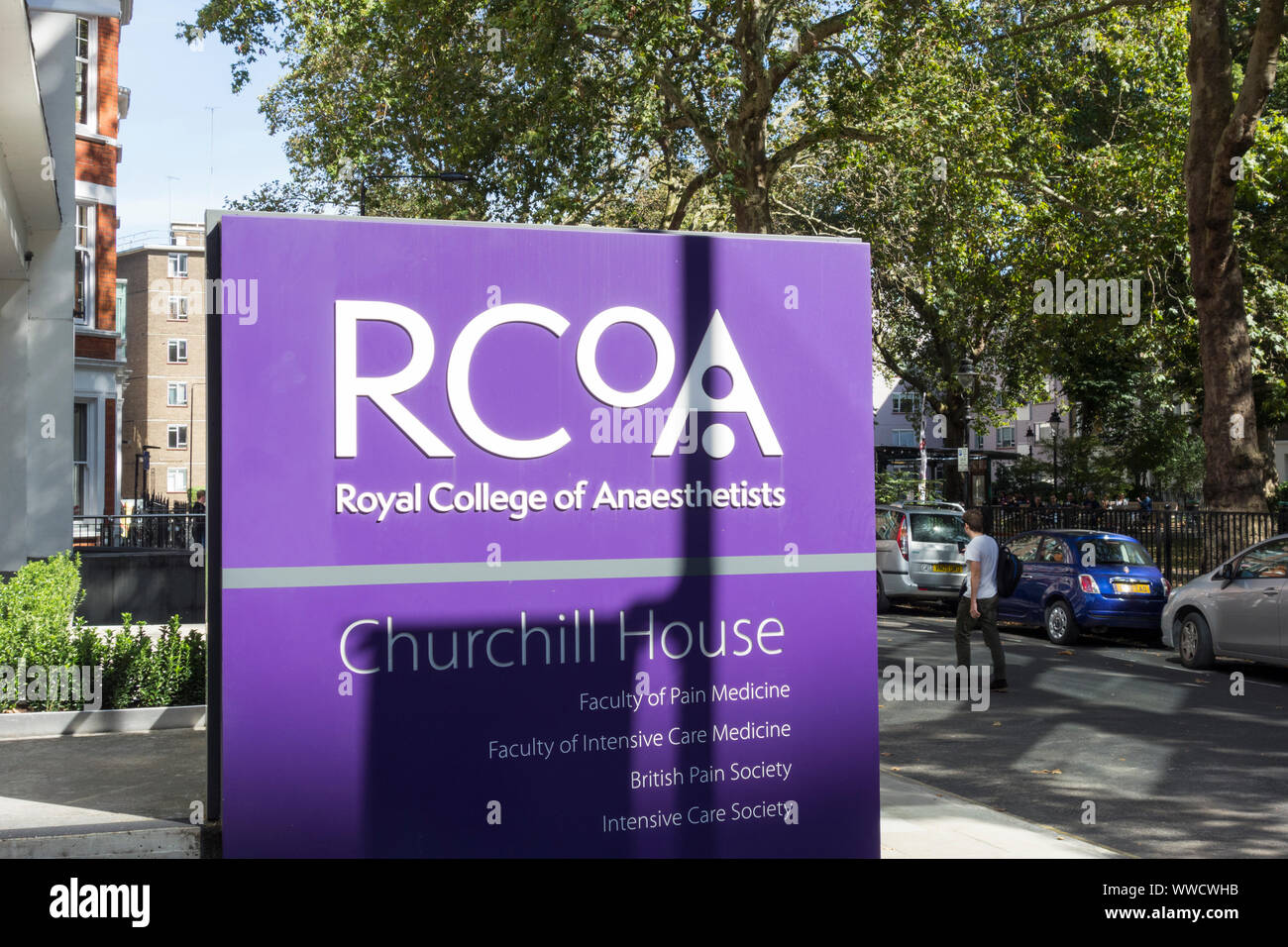 Signage outside the Royal College of Anaesthetists, Churchill House ...