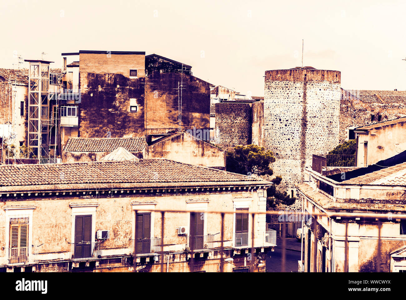 Catania rooftop on sunset, aerial cityscape, traditional architecture ...