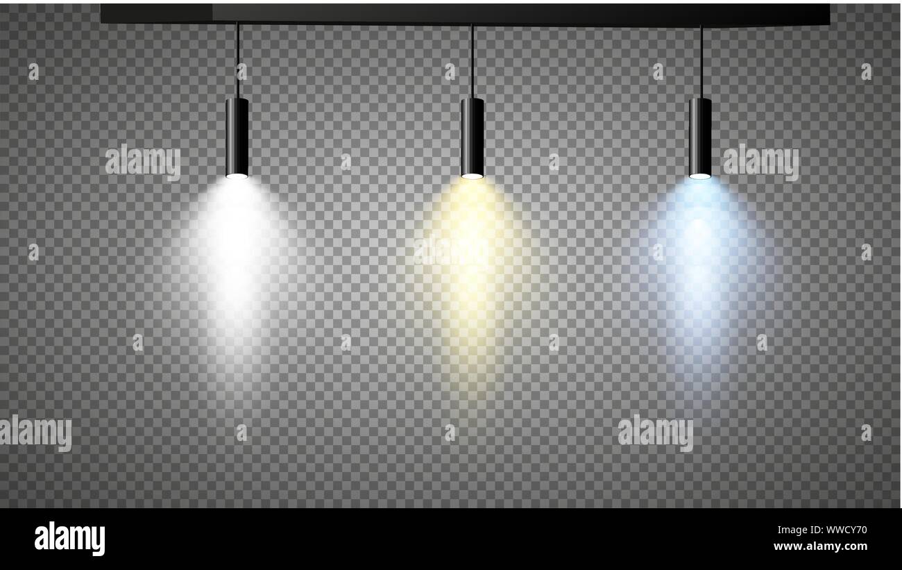 Set of colored searchlights on a transparent background. Bright ...