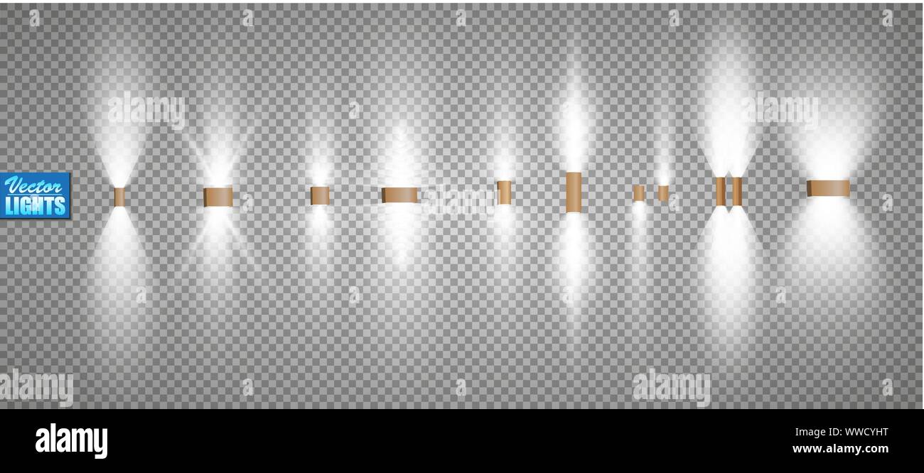 Set of searchlights on a transparent background. Bright lighting with ...
