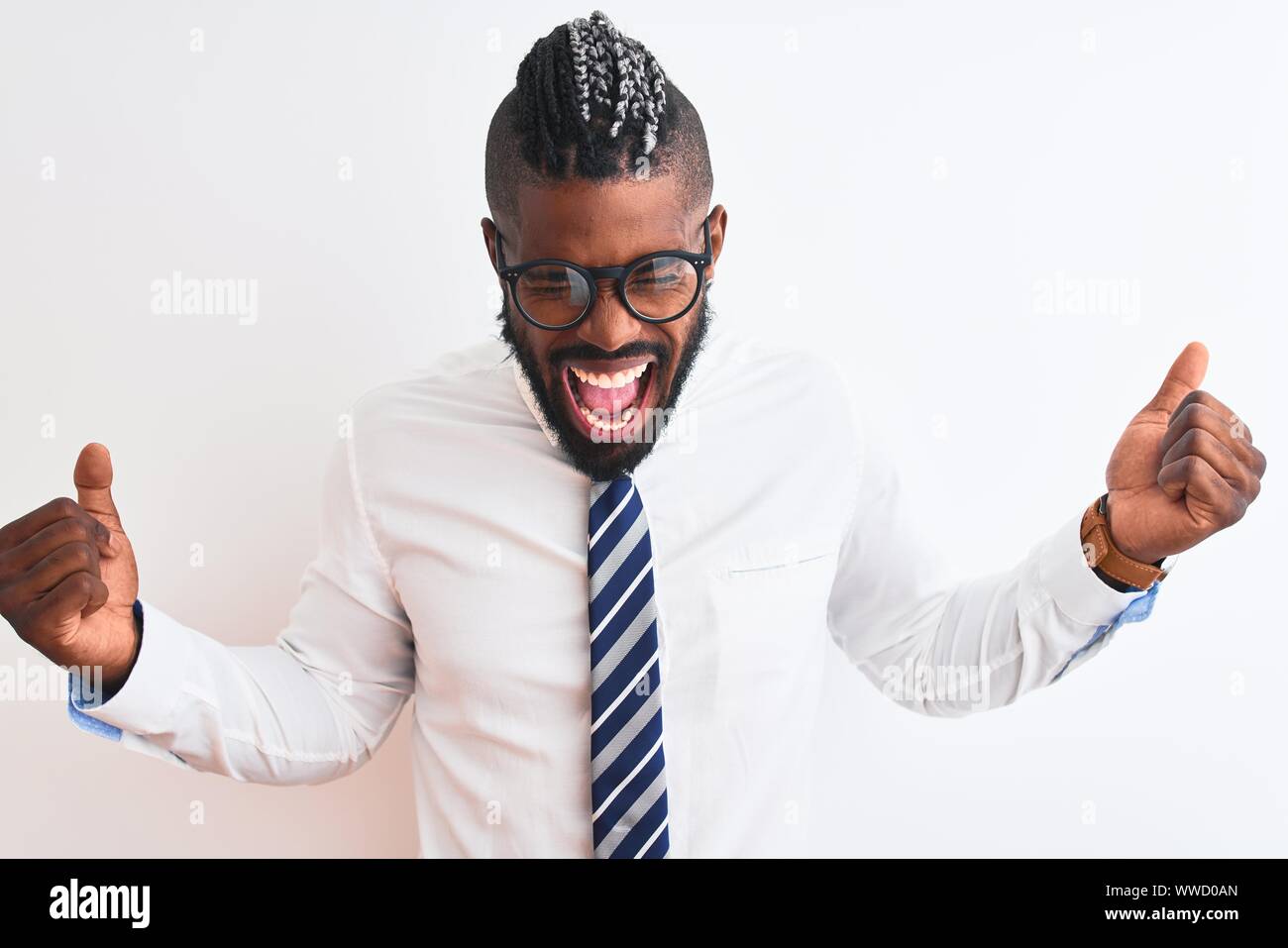 African american businessman with braids wearing tie glasses over ...