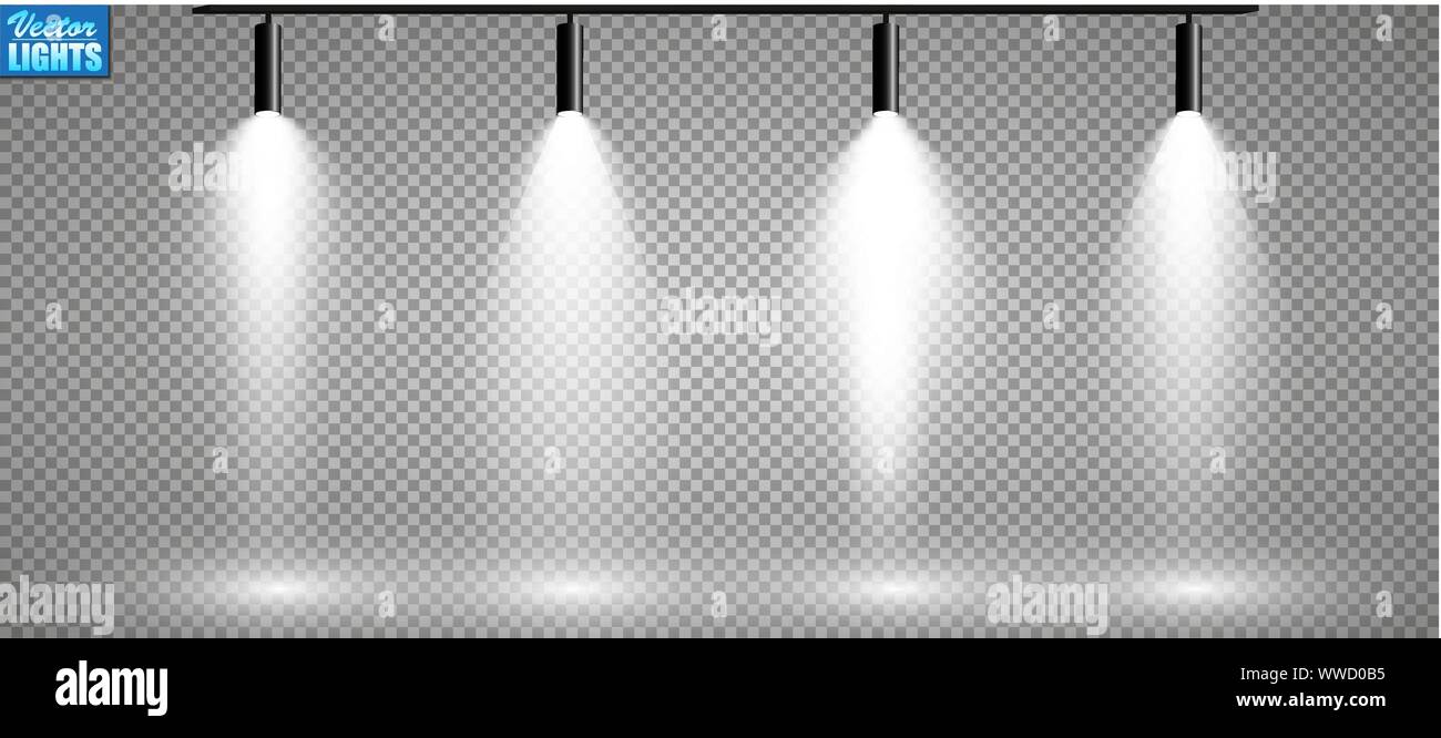 Set of searchlights on a transparent background. Bright lighting with ...