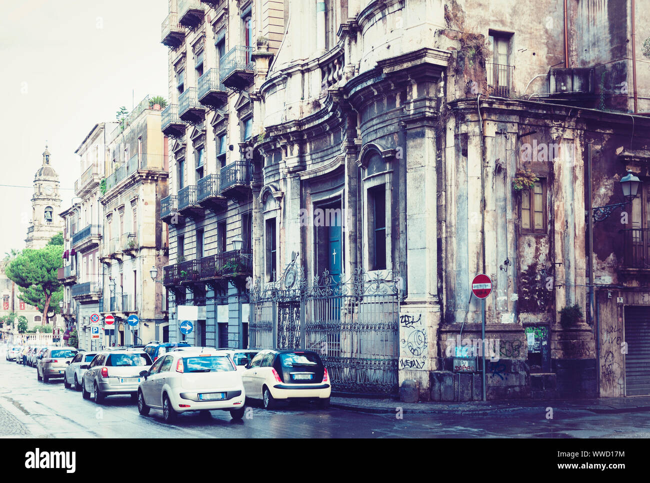 Traditional architecture of Sicily in Italy, typical street of Catania ...