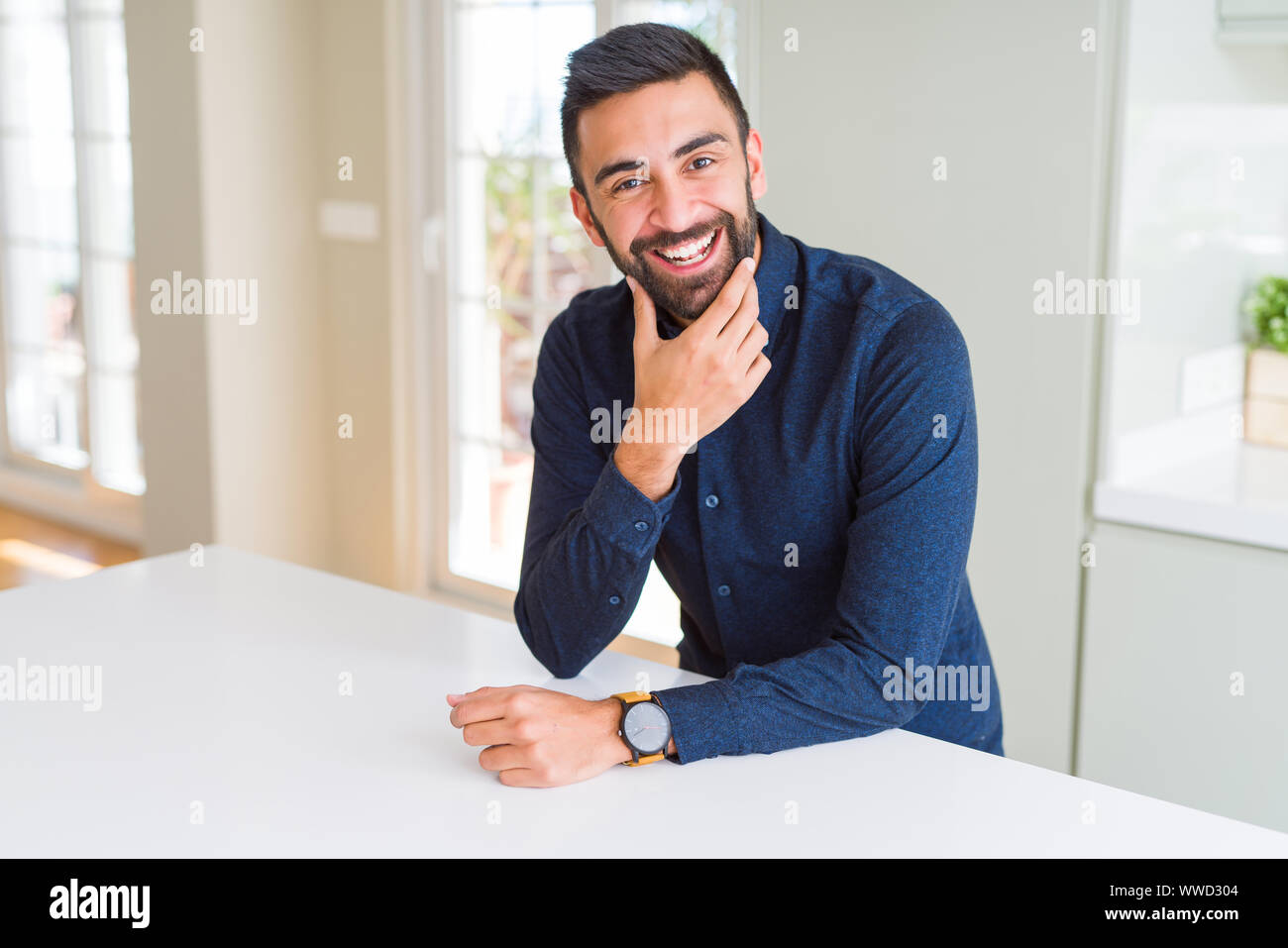 Handsome man smiling cheerful with a big smile on face showing teeth ...