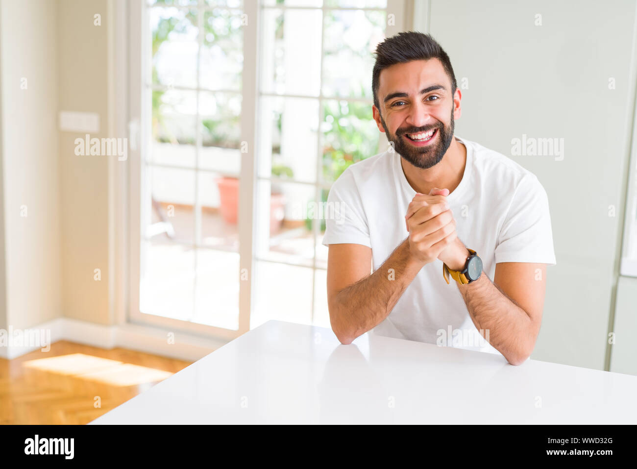 Handsome man smiling cheerful with a big smile on face showing teeth ...