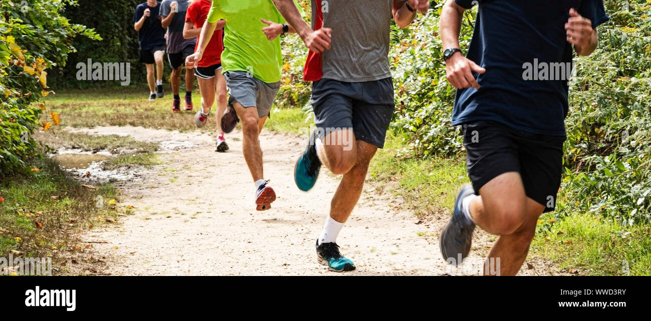 A single line of high school cross country runners running fast on a ...