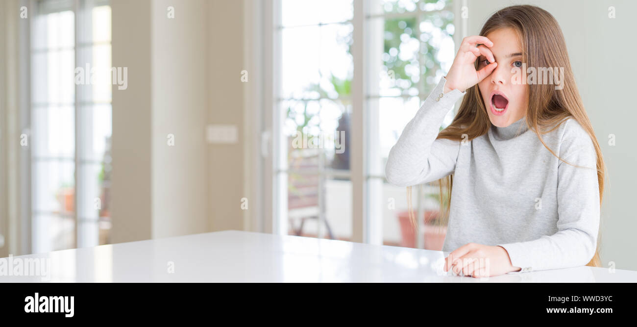Wide angle picture of beautiful young girl kid wearing casual sweater ...
