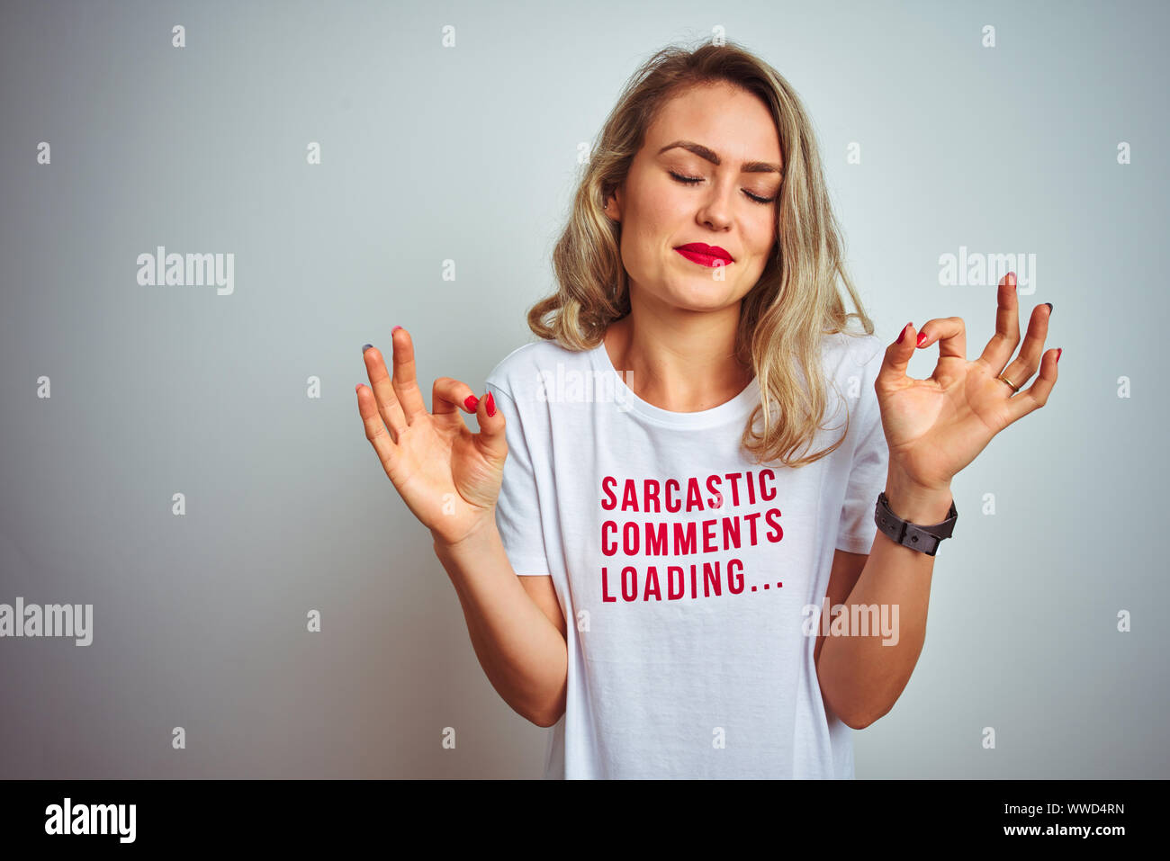 Beautiful woman wearing sacarstic comments loading t-shirt over ...