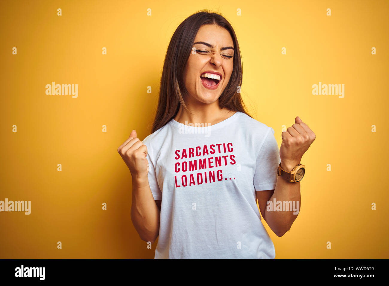 Beautiful woman wearing fanny t-shirt with irony comments over isolated ...