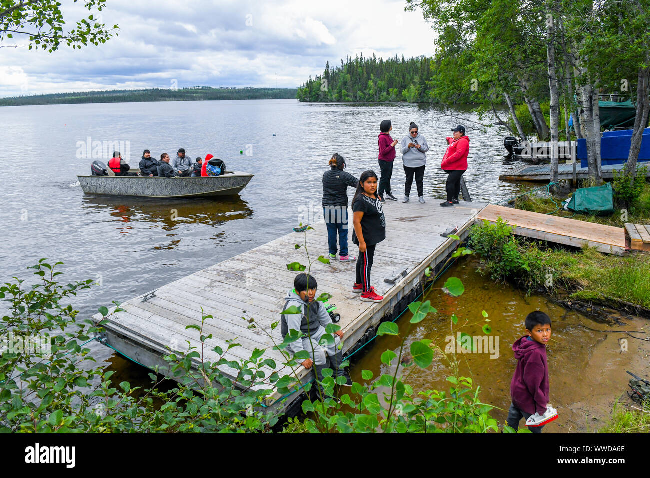 Native people at a traditional summer camp, Northern Quebec, Canada ...