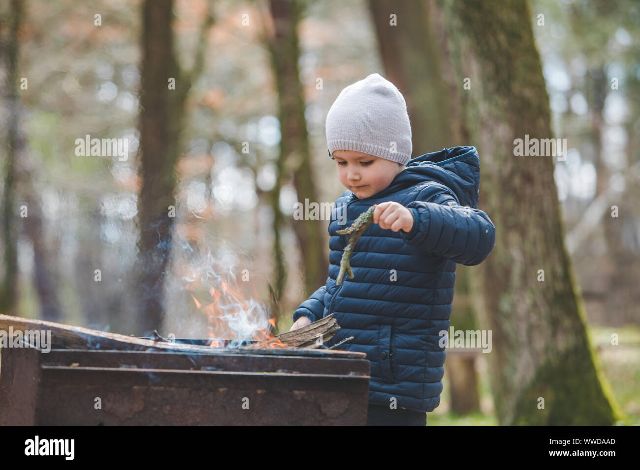 little boy kid put branches in fire into grill Stock Photo - Alamy