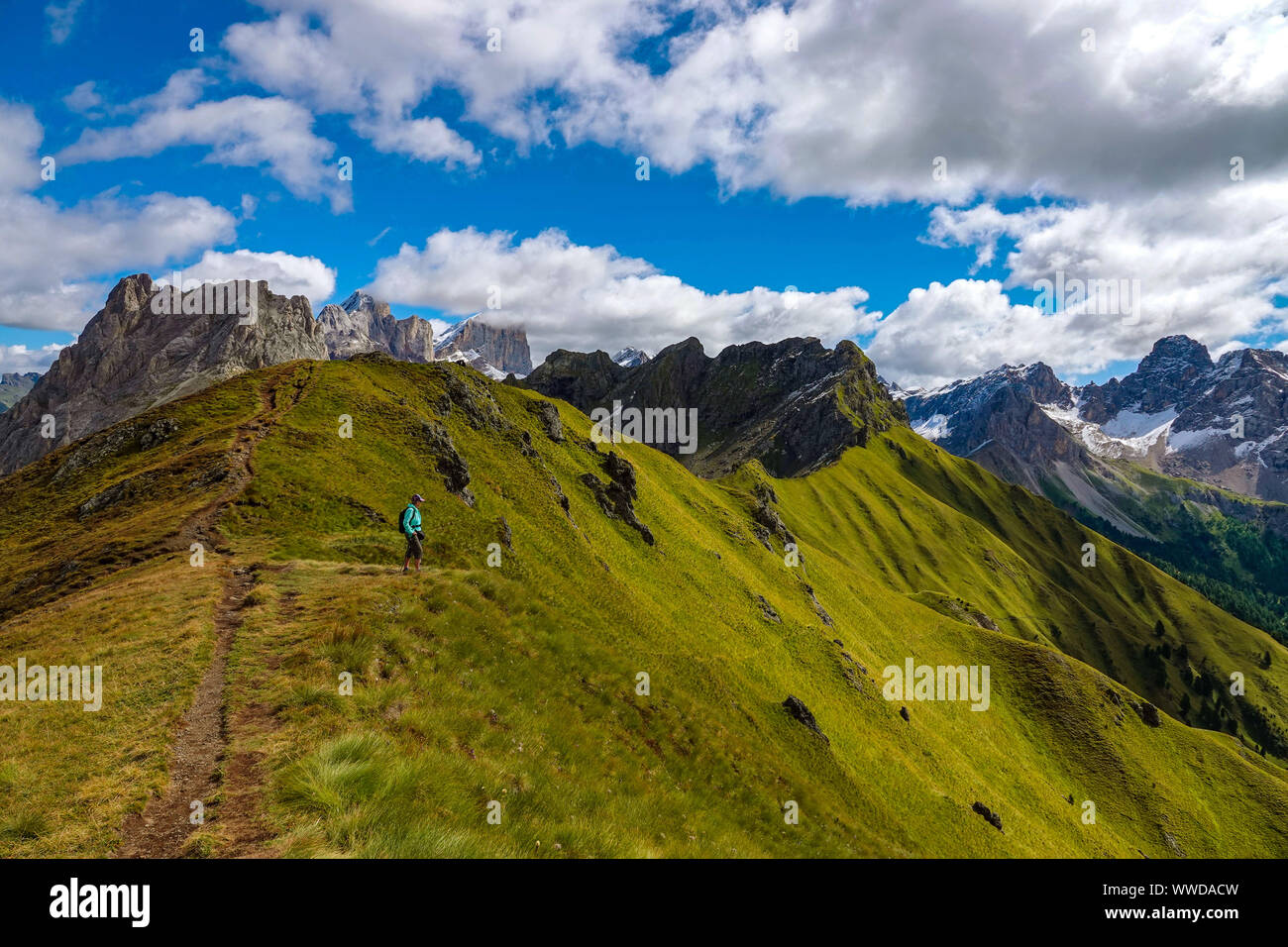Female hiker, walker in The Italian Dolomites around Canazei, Sud Tirol ...