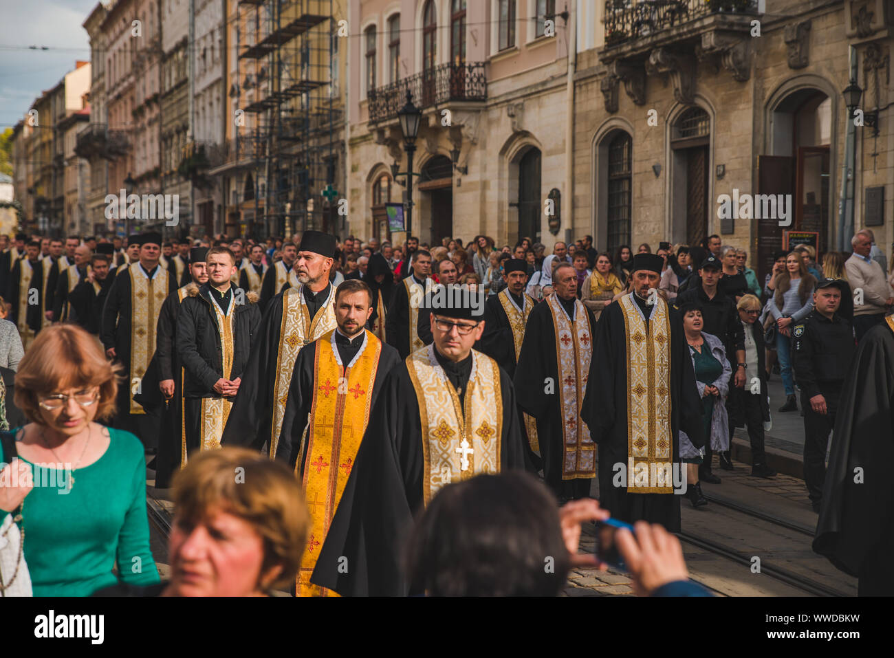 LVIV, UKRAINE - October 7, 2018: religious procession at city streets ...