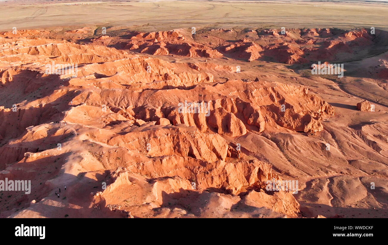 Aerial view of the Bayanzag, flaming cliffs, Gobi Desert, Mongolia ...