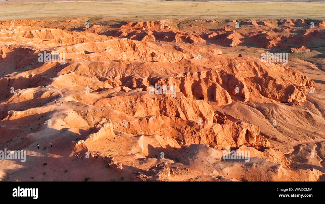 Aerial view of the Bayanzag, flaming cliffs, Gobi Desert, Mongolia ...