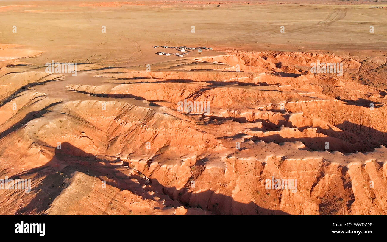 Aerial view of the Bayanzag, flaming cliffs, Gobi Desert, Mongolia ...