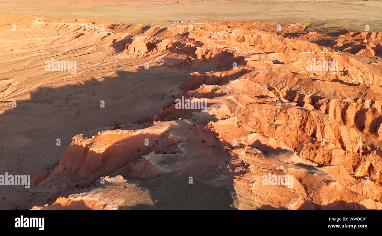 Aerial view of the Bayanzag, flaming cliffs, Gobi Desert, Mongolia ...