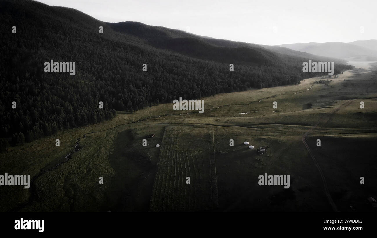 Aerial view of the Tsenkher Hot Spring Camping Site, Central Mongolia ...