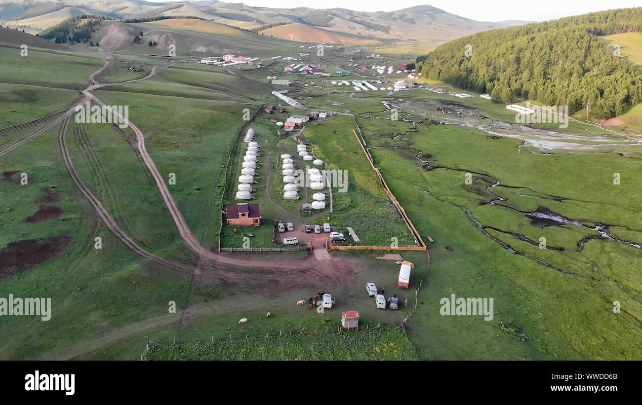 Aerial view of the Tsenkher Hot Spring Camping Site, Central Mongolia ...