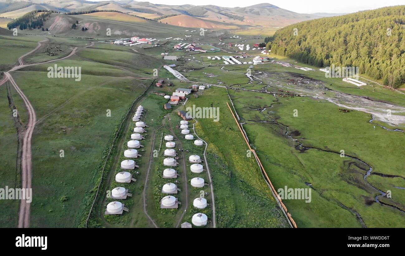 Aerial view of the Tsenkher Hot Spring Camping Site, Central Mongolia ...
