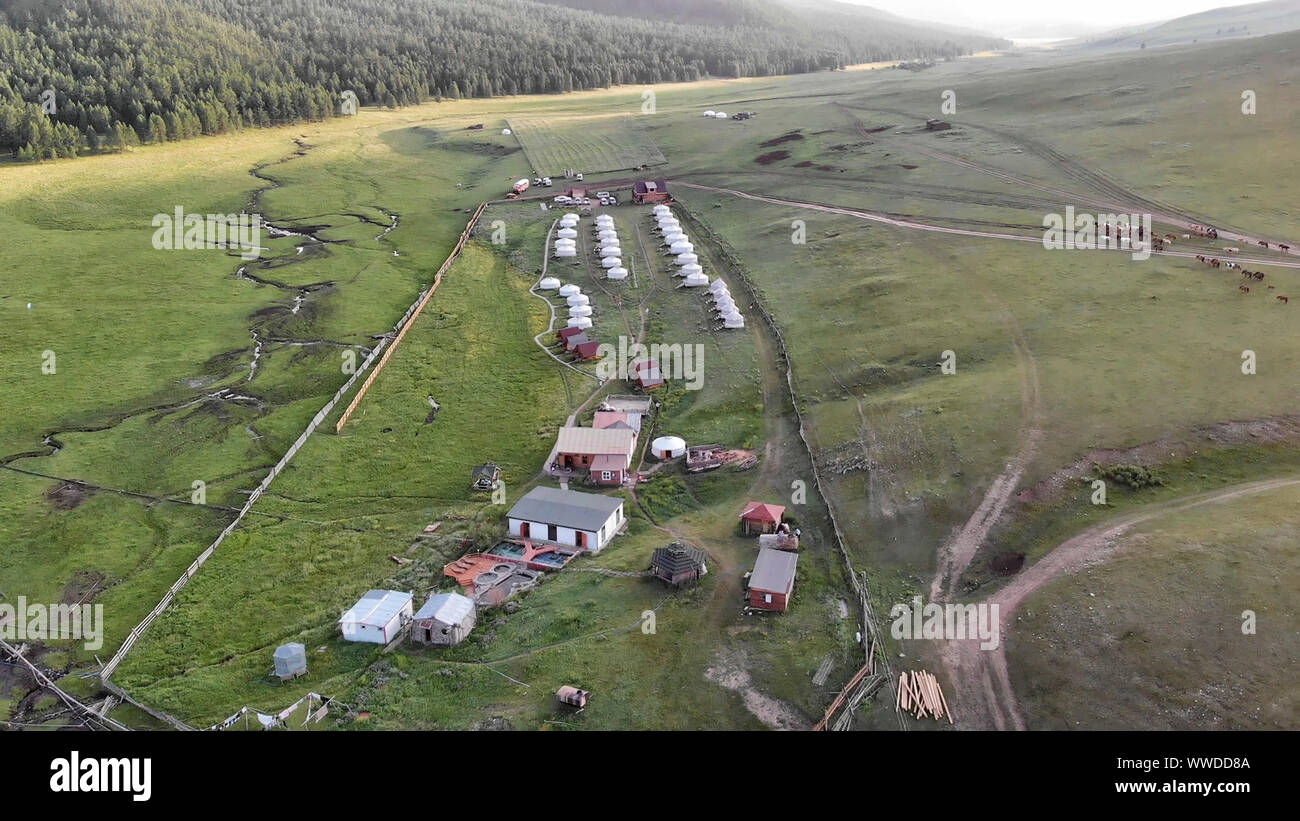 Aerial view of the Tsenkher Hot Spring Camping Site, Central Mongolia ...