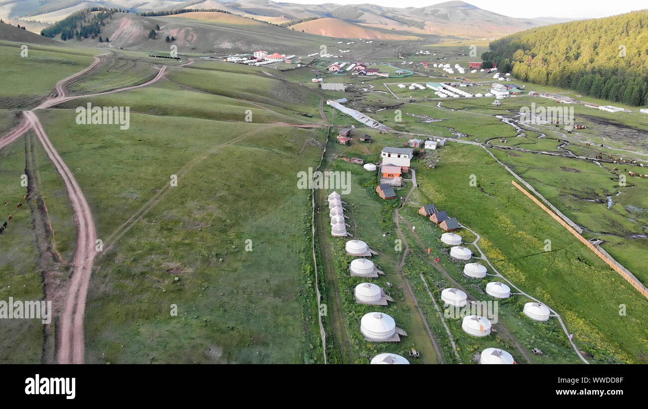 Aerial view of the Tsenkher Hot Spring Camping Site, Central Mongolia ...