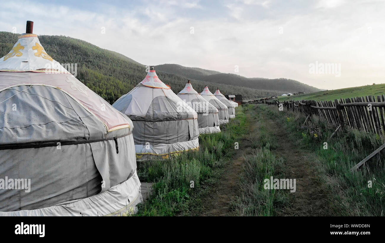Aerial view of the Tsenkher Hot Spring Camping Site, Central Mongolia ...