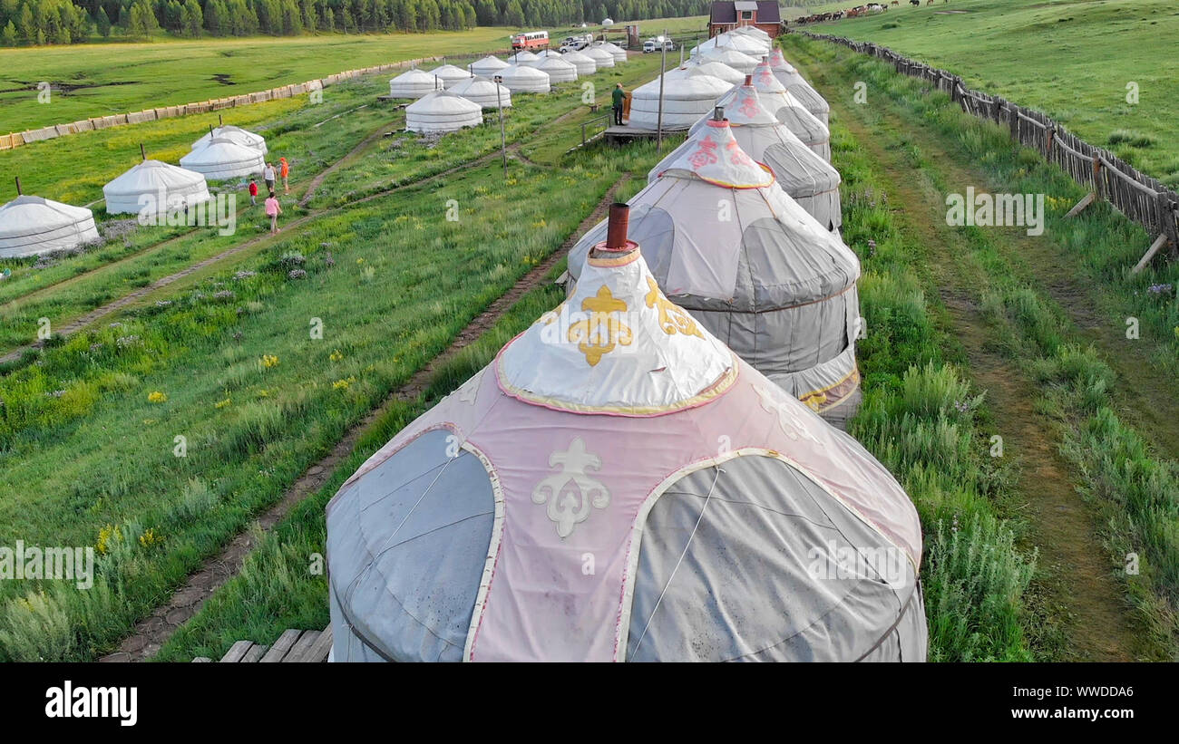 Aerial view of the Tsenkher Hot Spring Camping Site, Central Mongolia ...