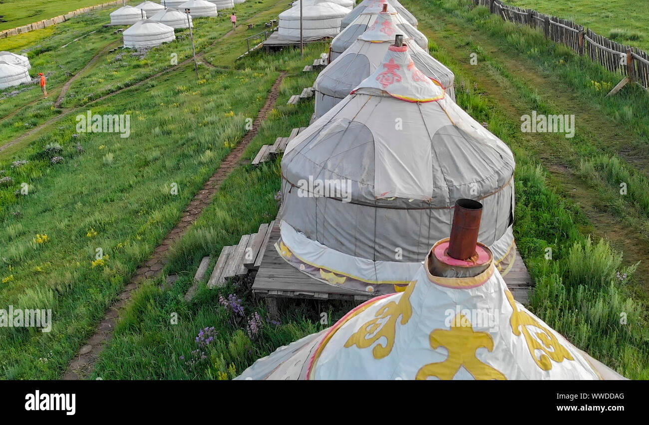 Aerial view of the Tsenkher Hot Spring Camping Site, Central Mongolia ...