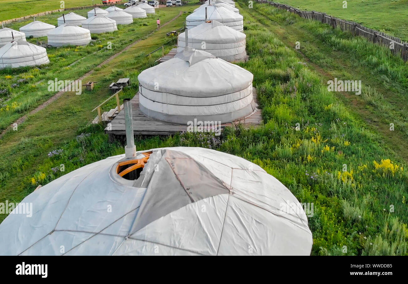 Aerial view of the Tsenkher Hot Spring Camping Site, Central Mongolia ...
