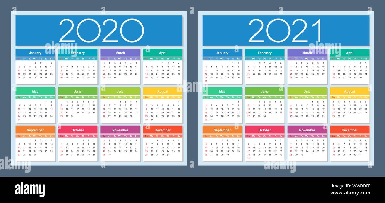 Calendar 2020, 2021. Colorful set. Week starts on Sunday. Isolated ...